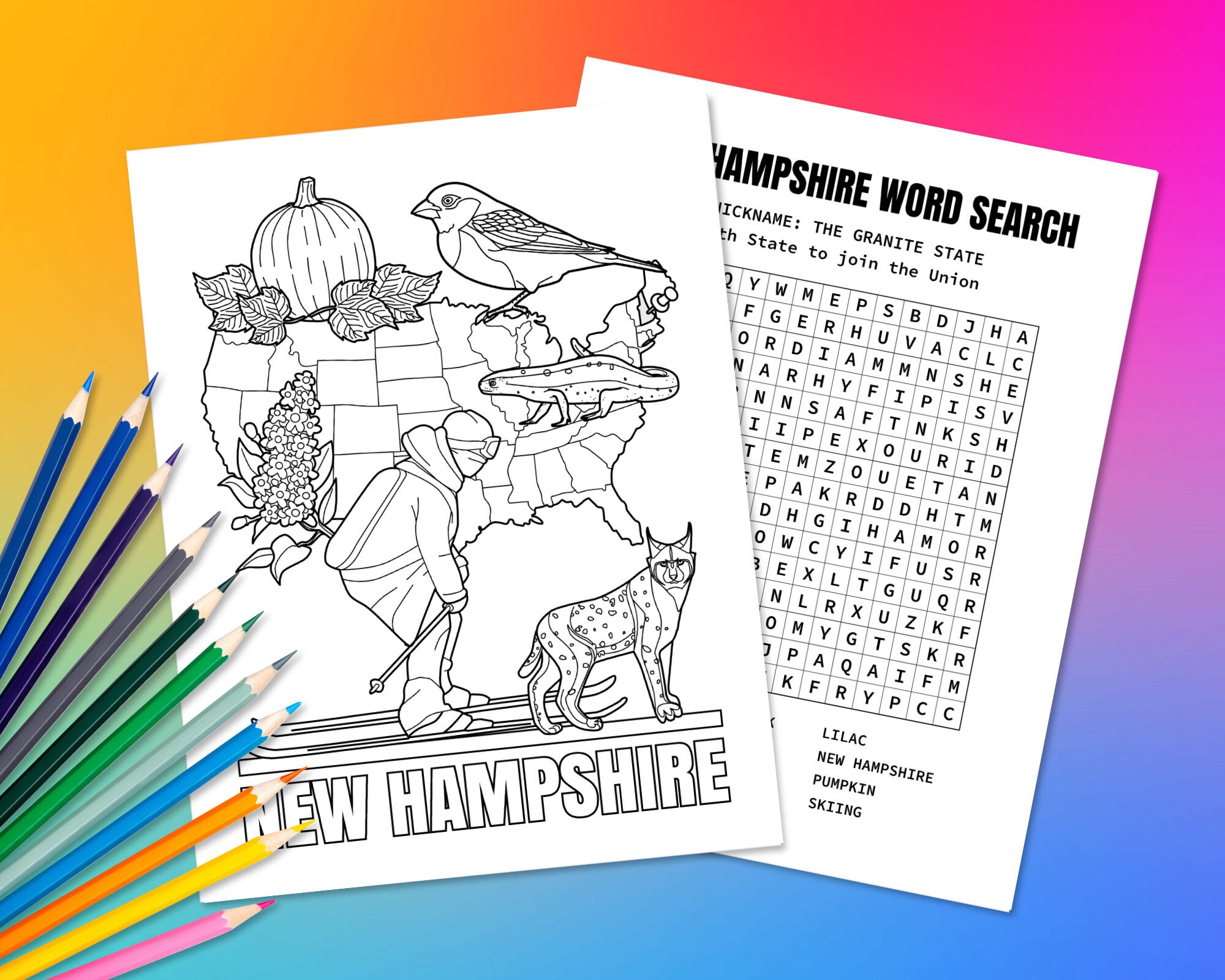 State of New Hampshire USA Coloring Page & Word Search Puzzle Fun ...