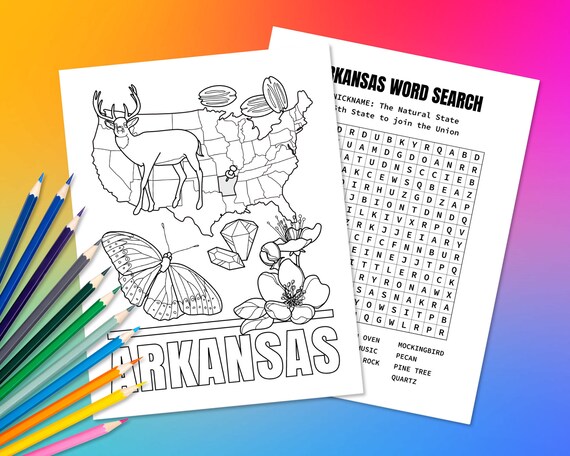 State of Arkansas USA Coloring Page & Word Search Puzzle Fun | Etsy