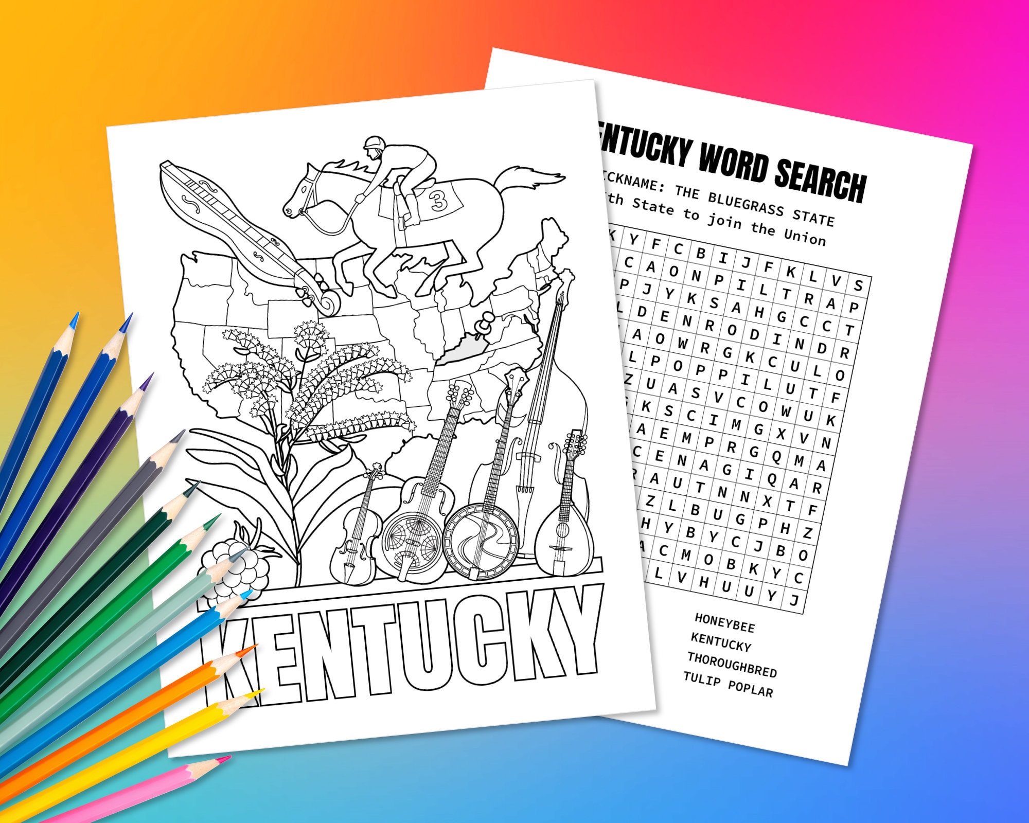 State of Kentucky USA Coloring Page & Word Search Puzzle | Fun ...