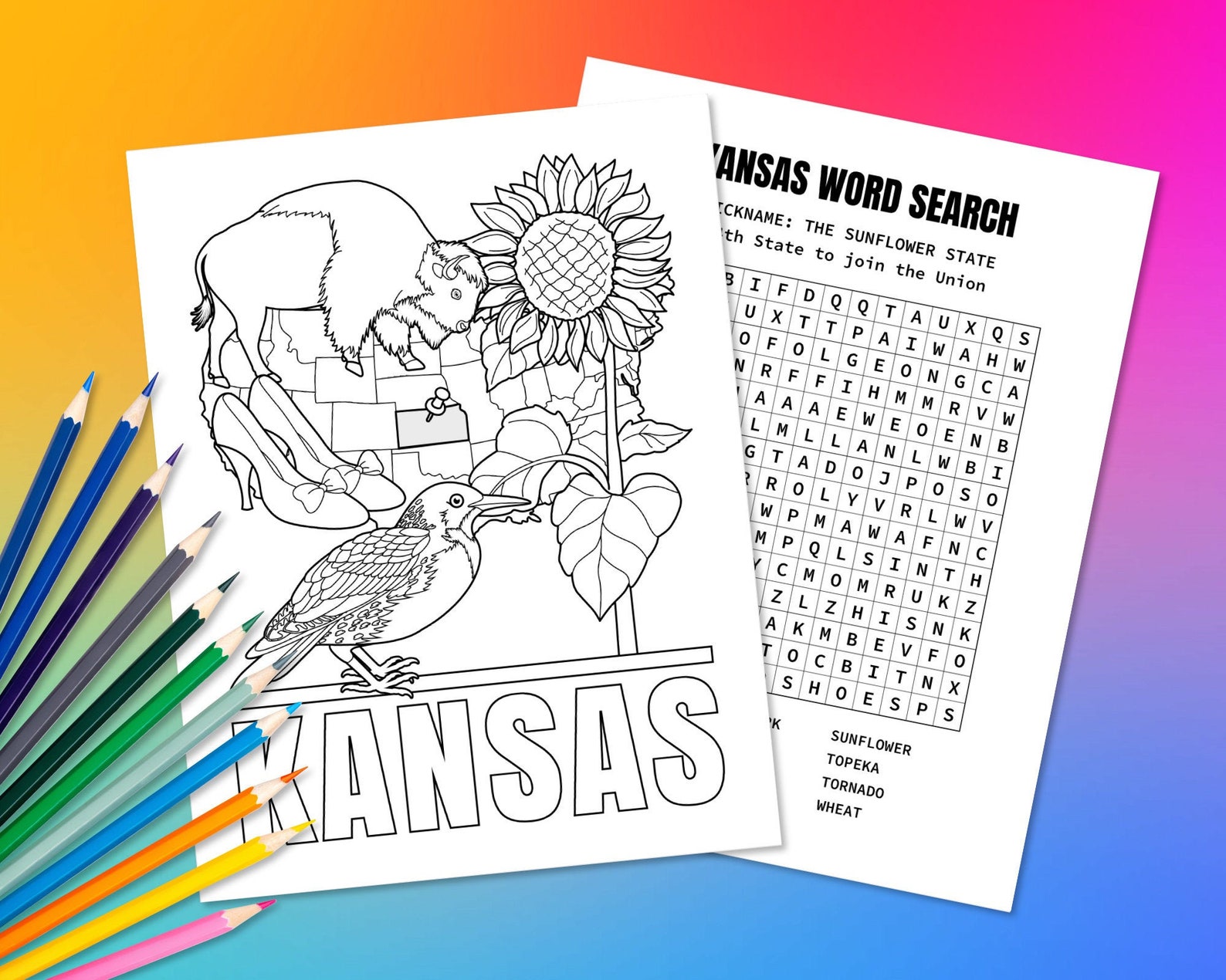 State of Kansas USA Coloring Page & Word Search Puzzle | Fun Geography ...