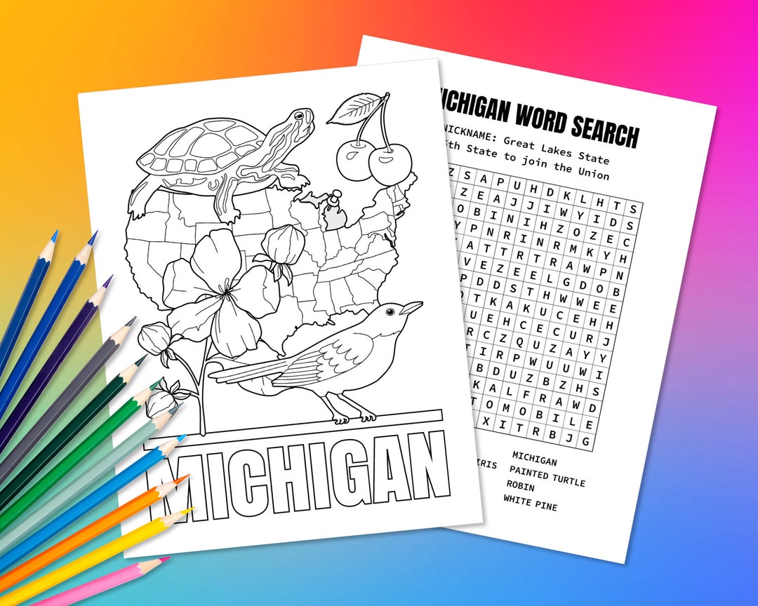 State of Michigan USA Coloring Page & Word Search Puzzle | Fun ...