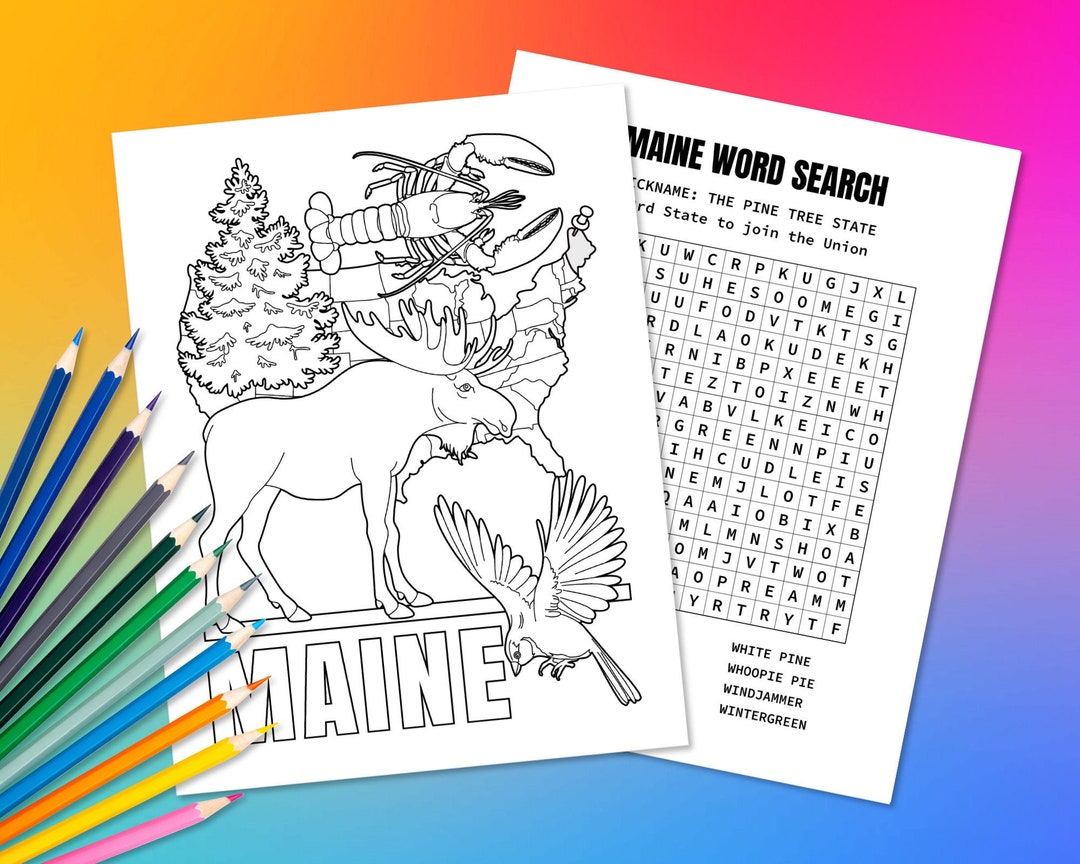 State of Maine USA Coloring Page & Word Search Puzzle | Fun Geography ...