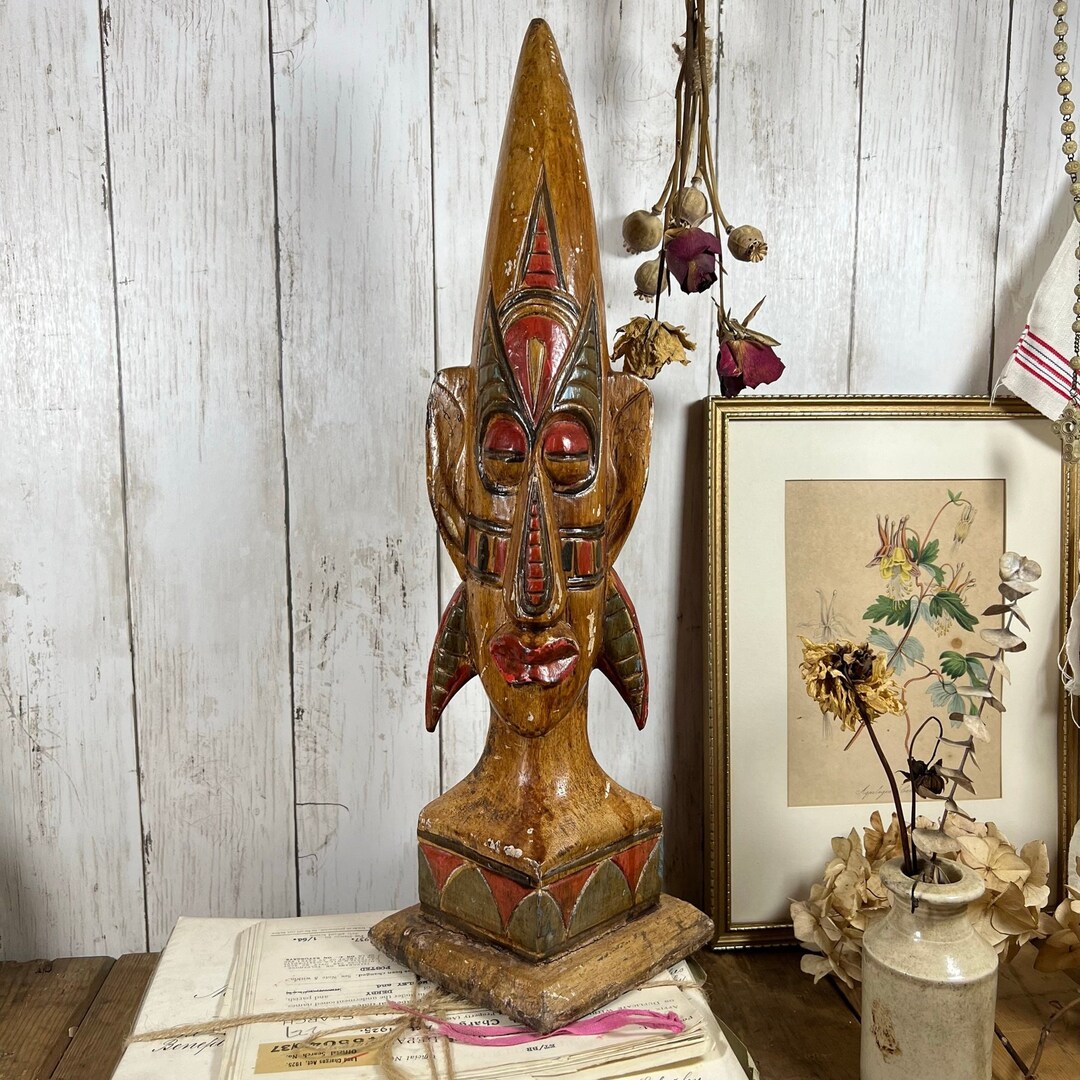 Large Hand Carved Folk Art Wooden Tribal Head - Etsy