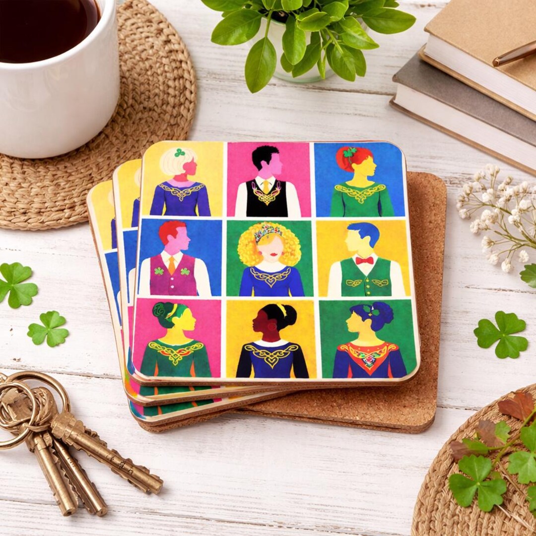 Colorful Irish Dance Portraits Cork Coaster Set | Pop Art People ...