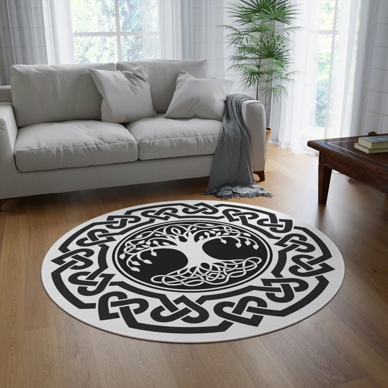 Tree of Life Celtic Knot Round Rug, Black and White Round Rug, Celtic ...