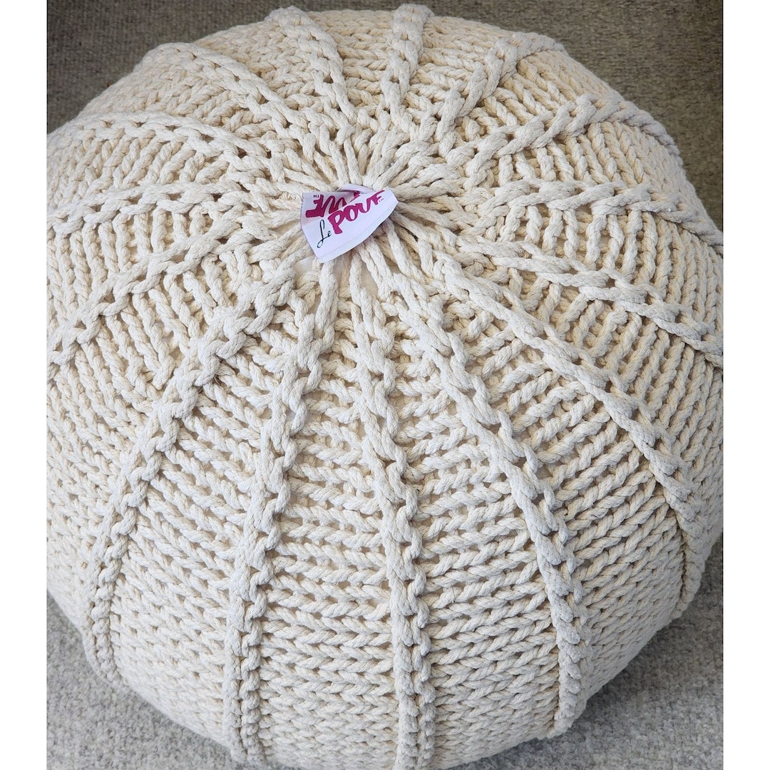 Round Le Pouf Ottoman Hand Knitted Footrest Foot Stool Natural Beige ...