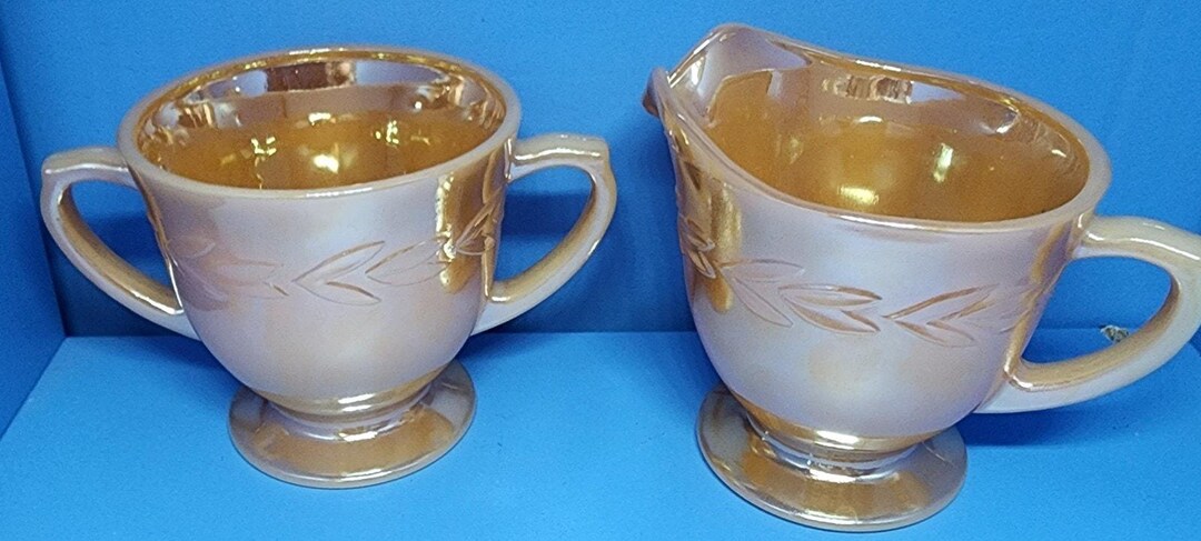 Vintage Fire King Marigold Glass Peach Lusterware Sugar Bowl & Creamer ...