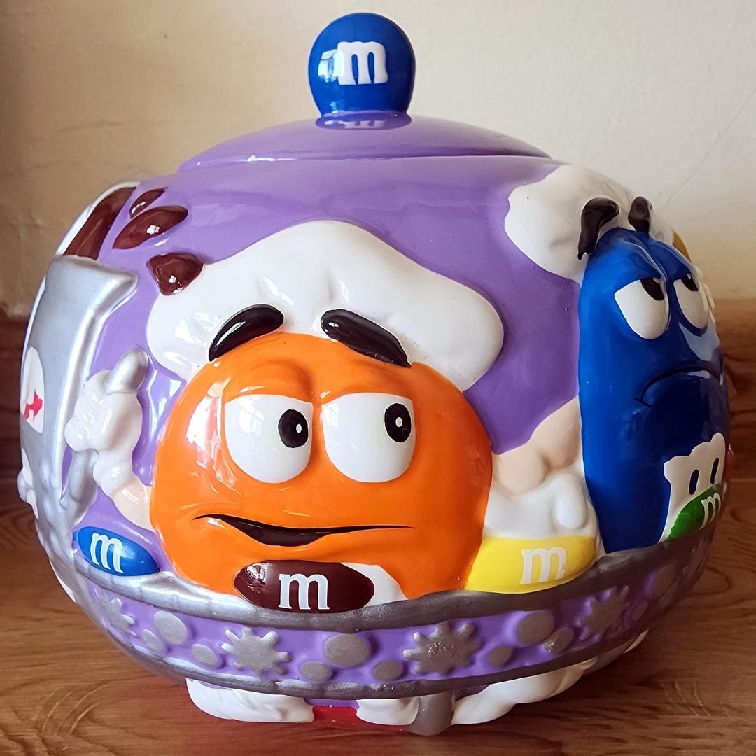 M&M Cookie Jar Baker Candy Kitchen Assembly Line Cook Galerie Purple FLAW READ - Etsy