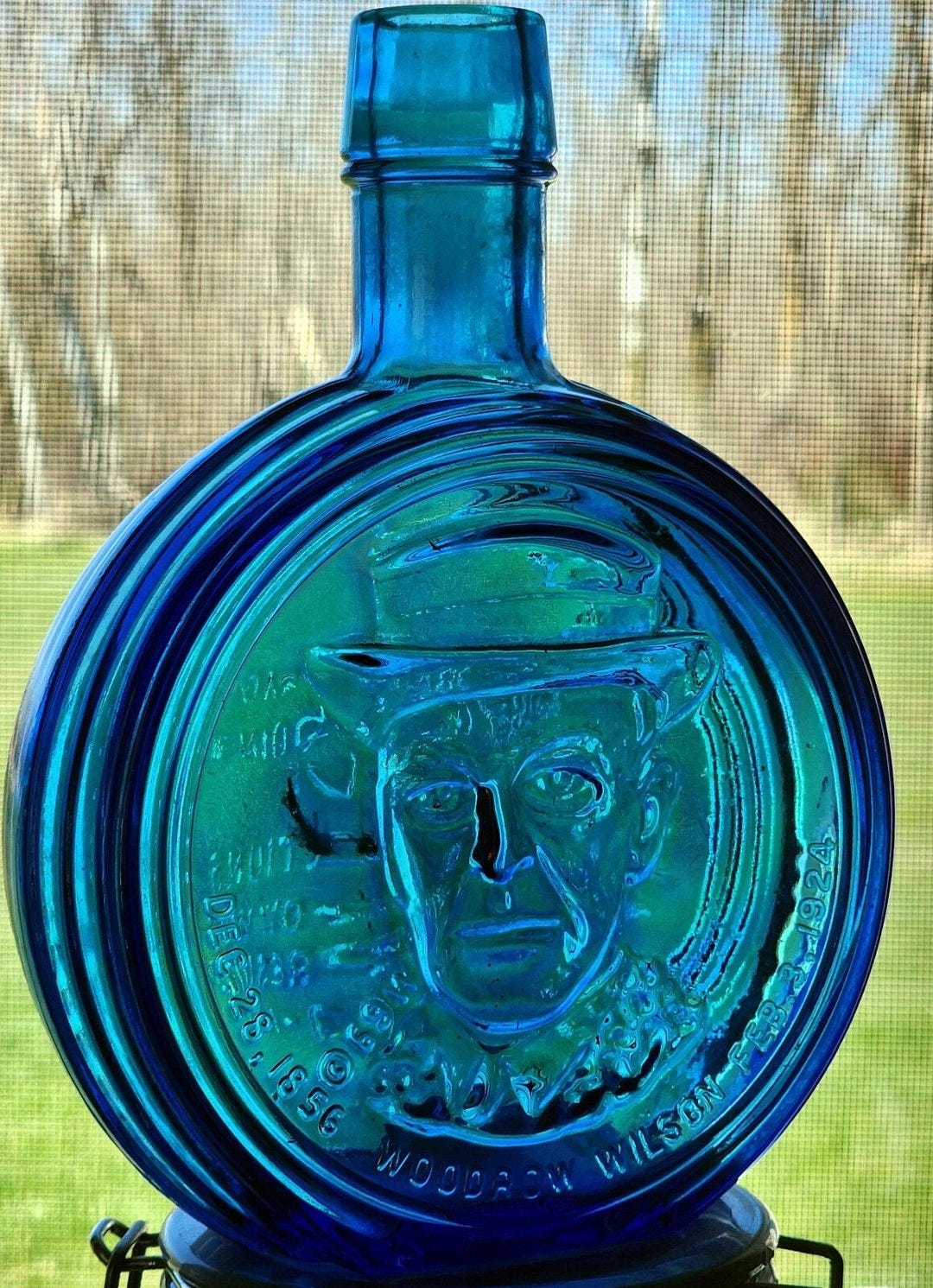 Vintage Wheaton iridescent blue glass President Bottle Woodrow Wilson ...