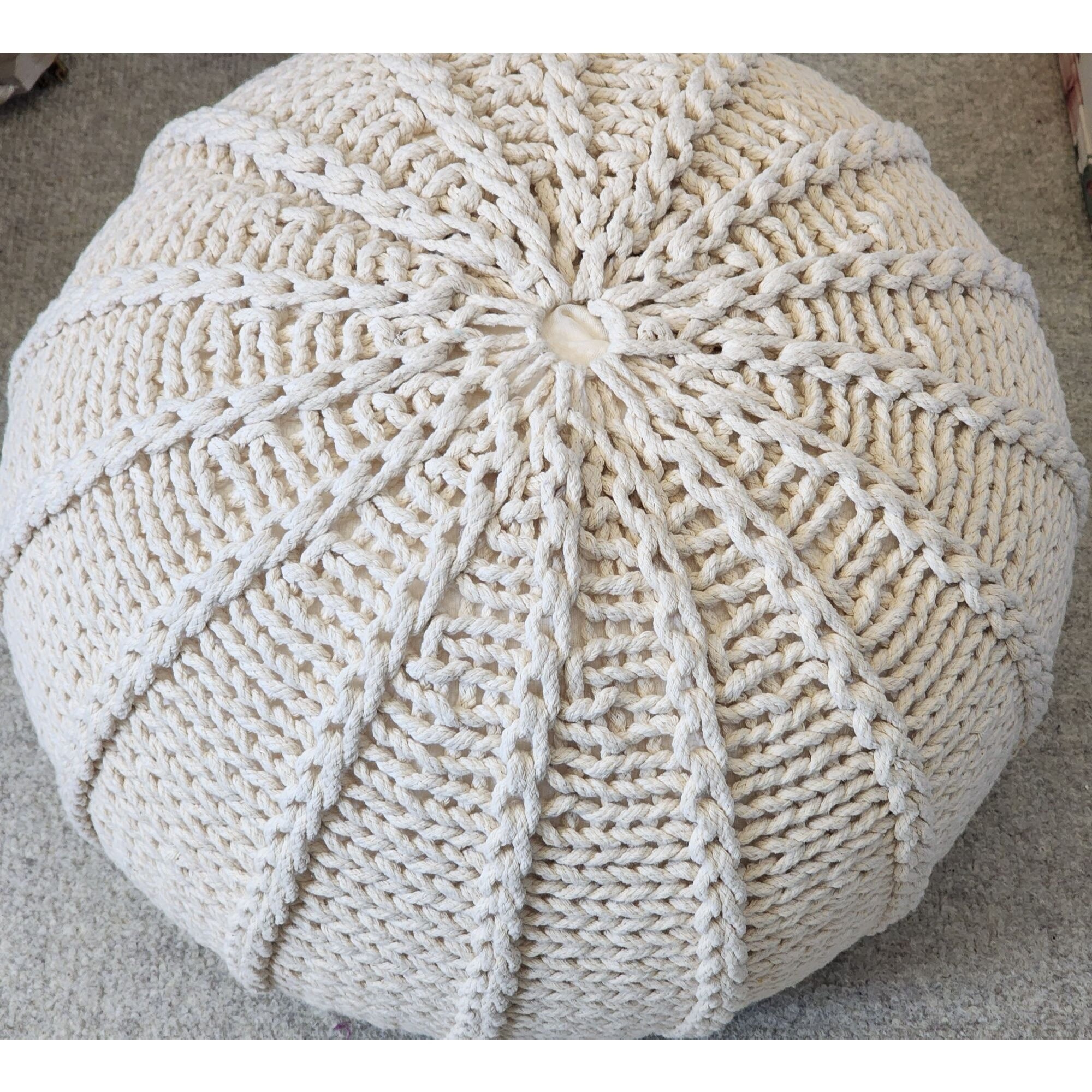 Round Le Pouf Ottoman Hand Knitted Footrest Foot Stool Natural Beige ...