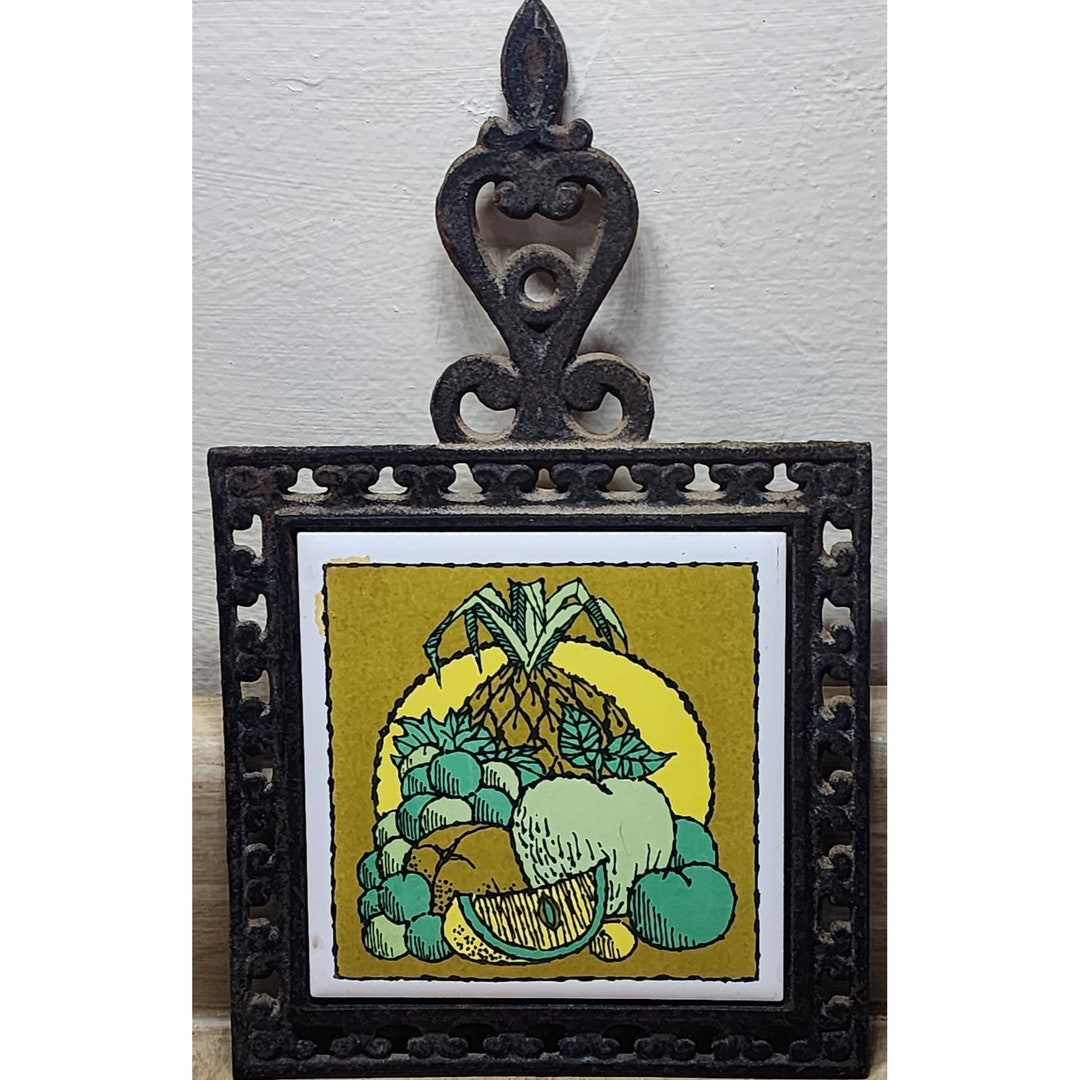 Vintage Tile Trivet Cast Iron Frame Cherry Japan Fruit Kitchen Wall ...