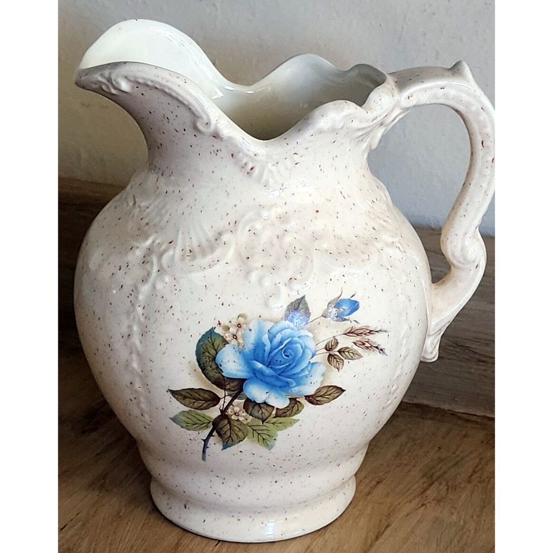 Vintage 1983 Arnel's Pottery Pitcher Vase Ornate Painted Blue Rose 7 ...