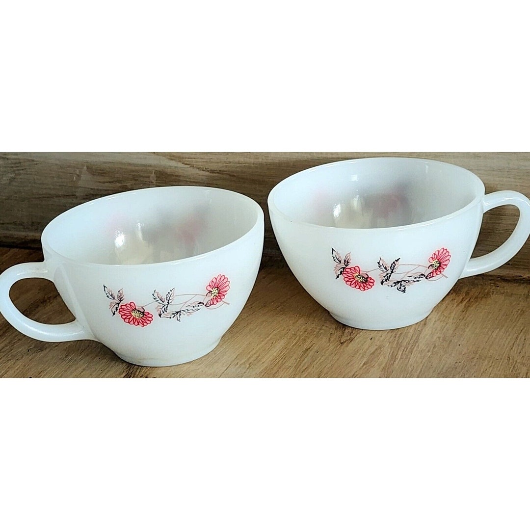 Fire King Fleurette Coffee Tea Cup Milk Glass White Pink Flowers ...