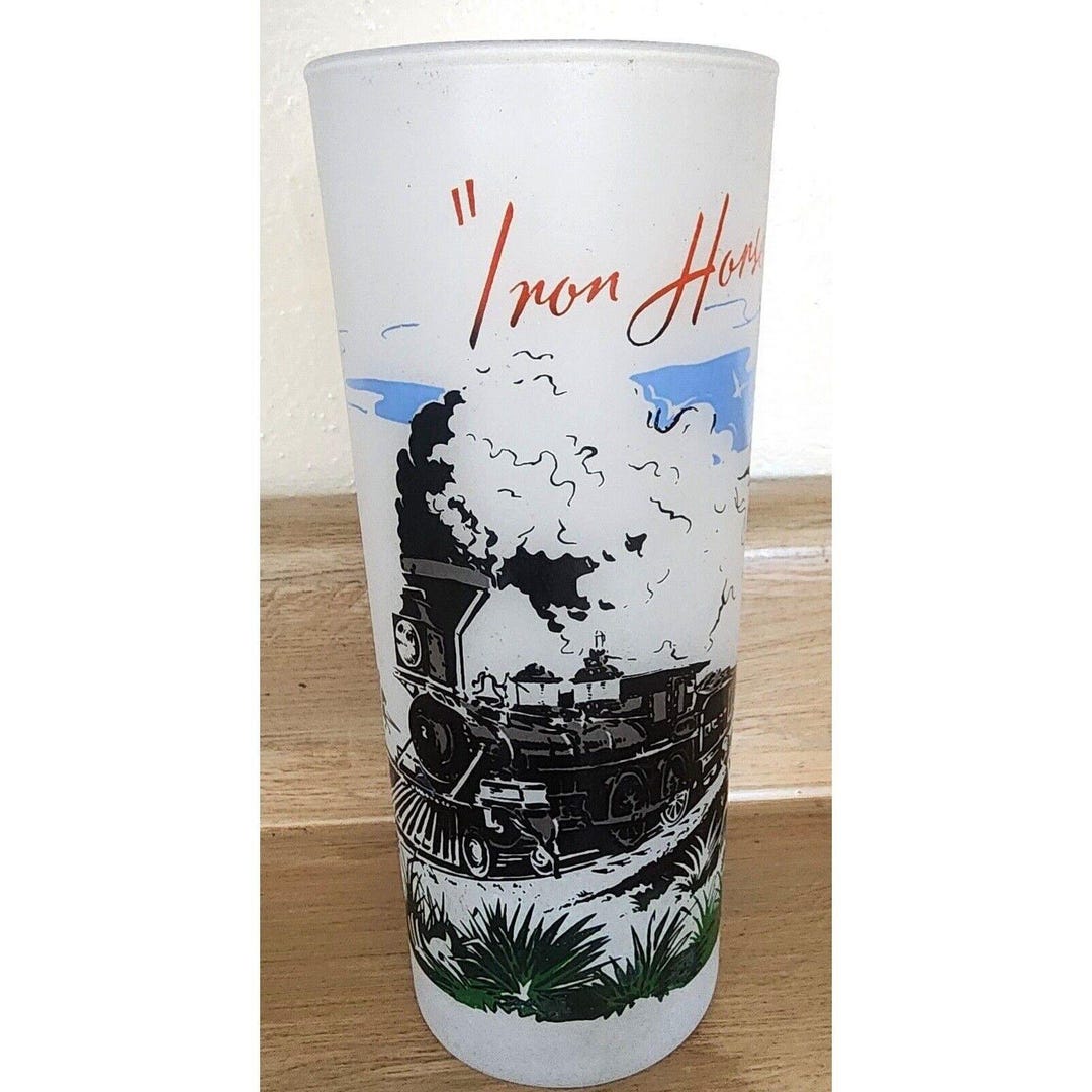 Vintage IRON HORSE Locomotive Train Highball Drinking Glass Frosted See ...