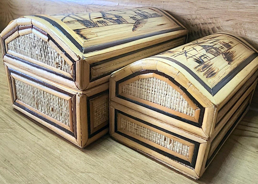 2 Small Bamboo Arched Nesting Boxes Palms & Village Lined in Red ...