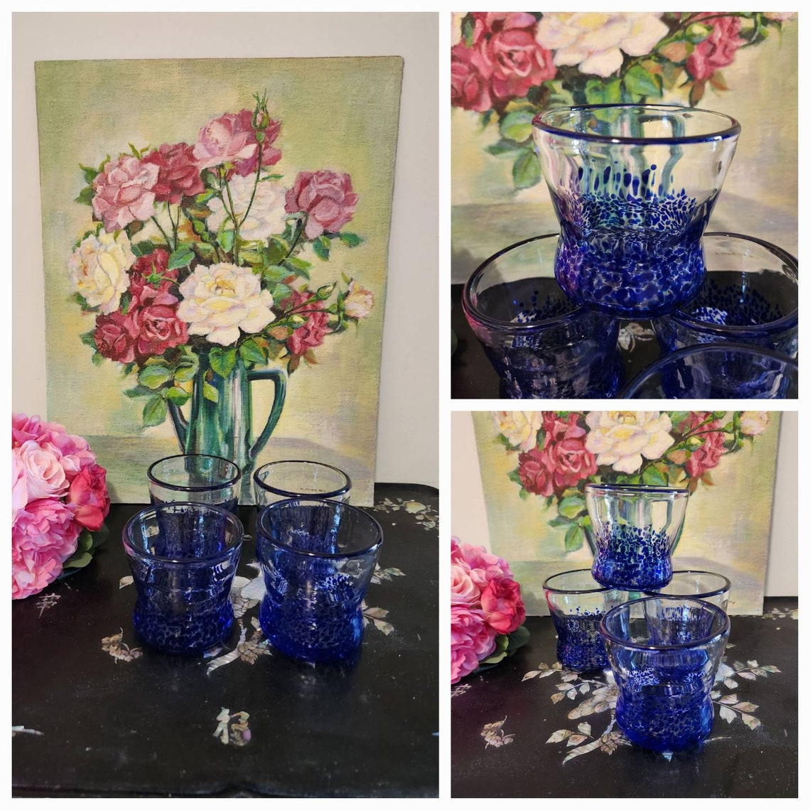 Vintage Art Glass Cobalt Blue Granite Lowball Glasses/ Gin Glasses ...