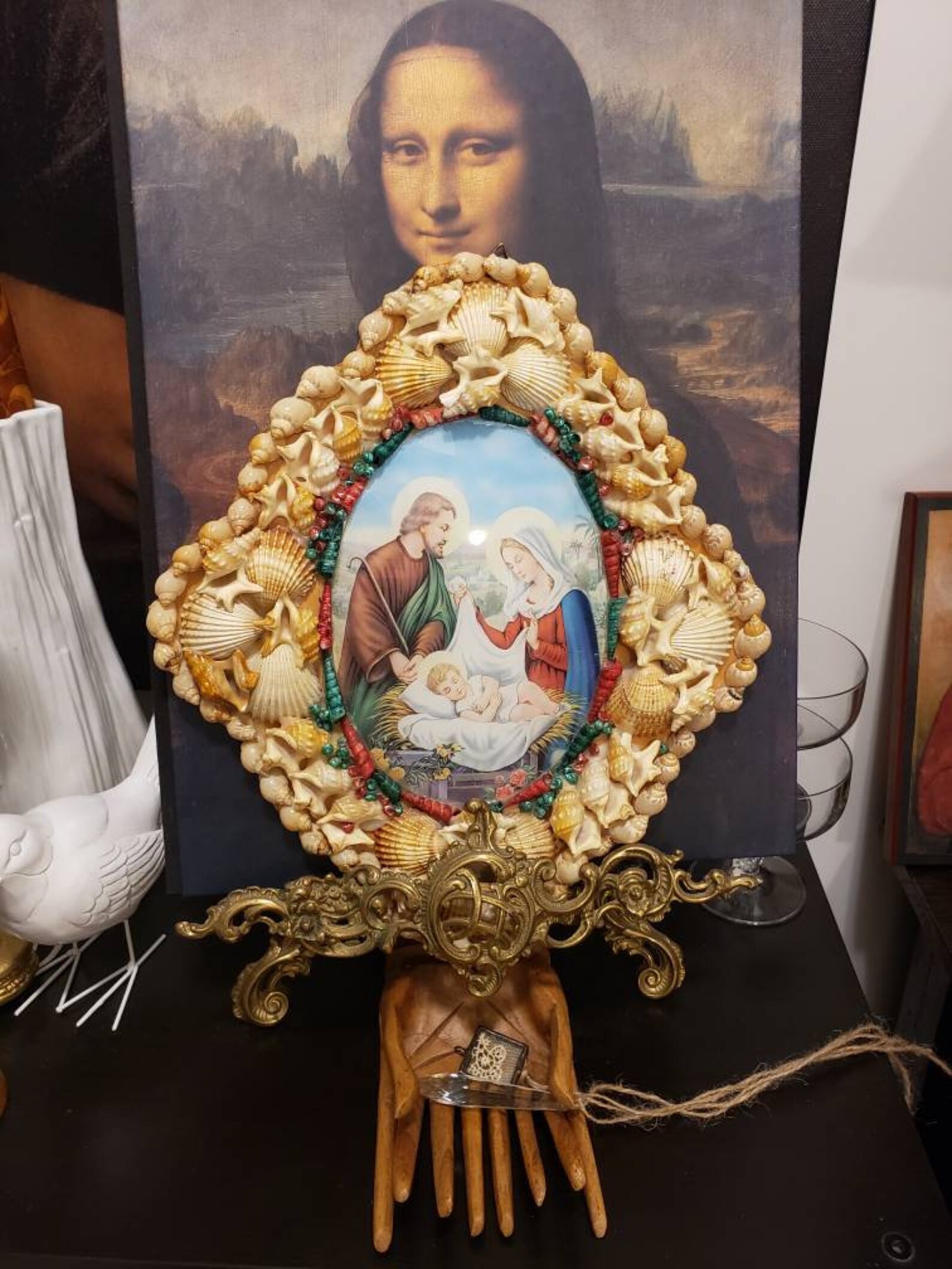 Vintage Handmade Oval Shell Frame Religious Art Virgin Mary and Child ...