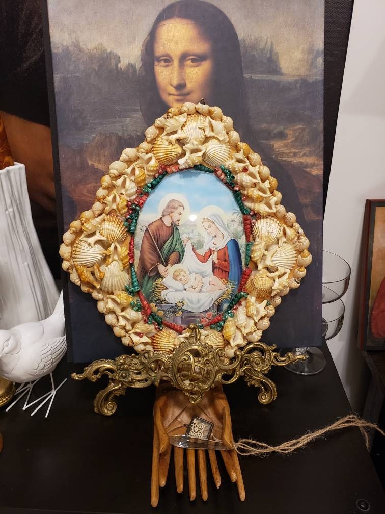 Vintage Handmade Oval Shell Frame Religious Art Virgin Mary and Child ...