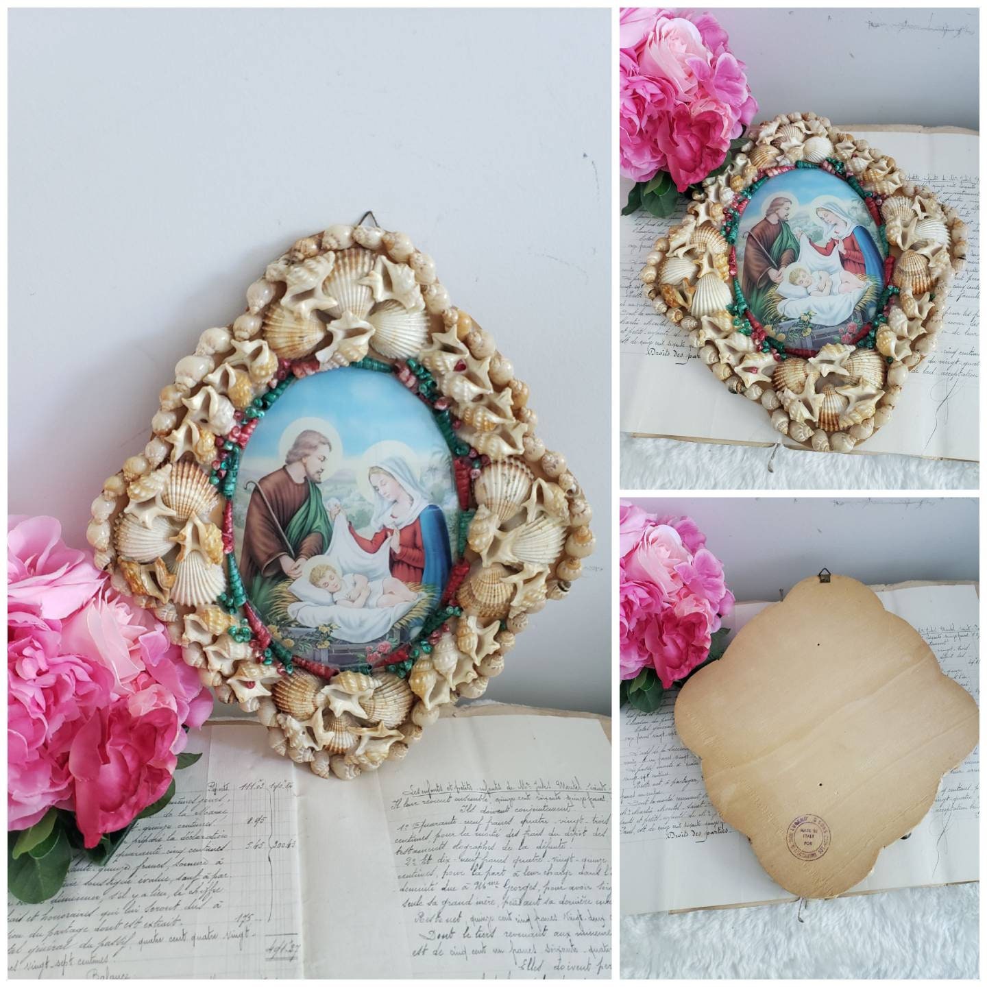Vintage Handmade Oval Shell Frame Religious Art Virgin Mary and Child ...