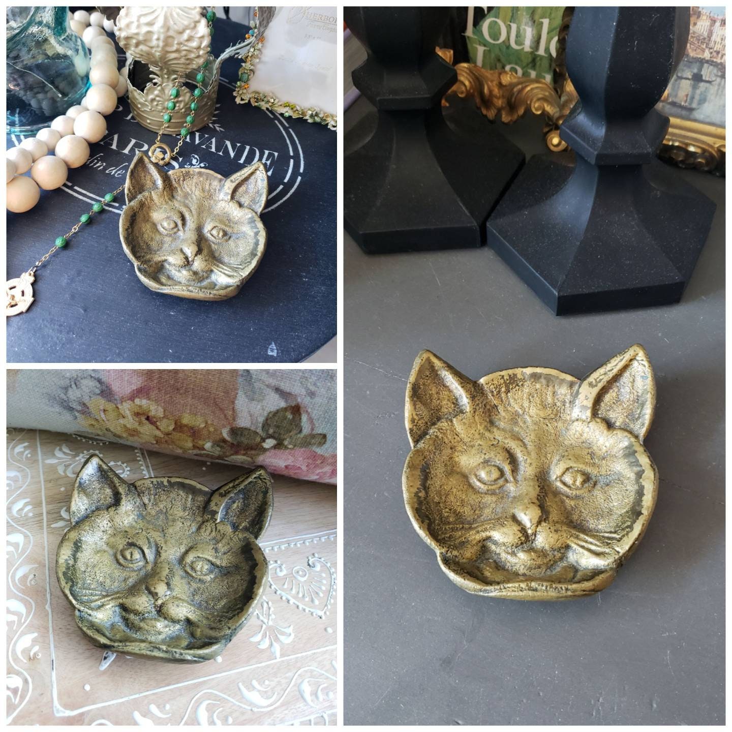 Vintage Brass Bronze Footed Cat Head Trinket Dish/coin Tray/ Jewelry ...