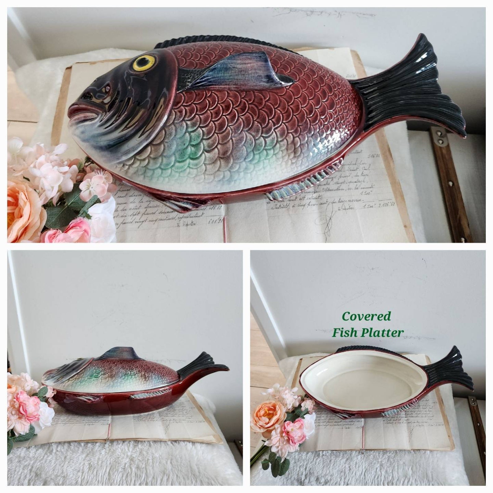 Vintage Ceramic Covered Fish Platter/art Pottery Fish Shaped Platter ...