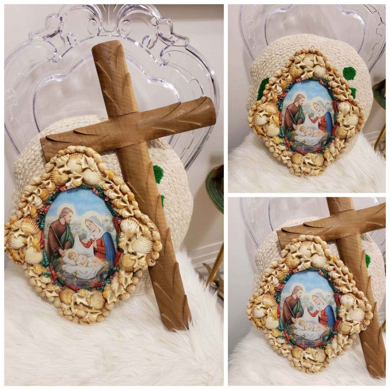 Vintage Handmade Oval Shell Frame Religious Art Virgin Mary and Child ...