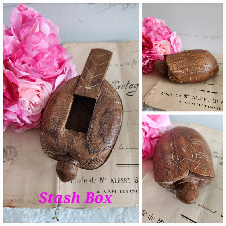 Vintage Hand Carved Wood Tortoise Turtle Stash Box/ Turtle Sculpture ...