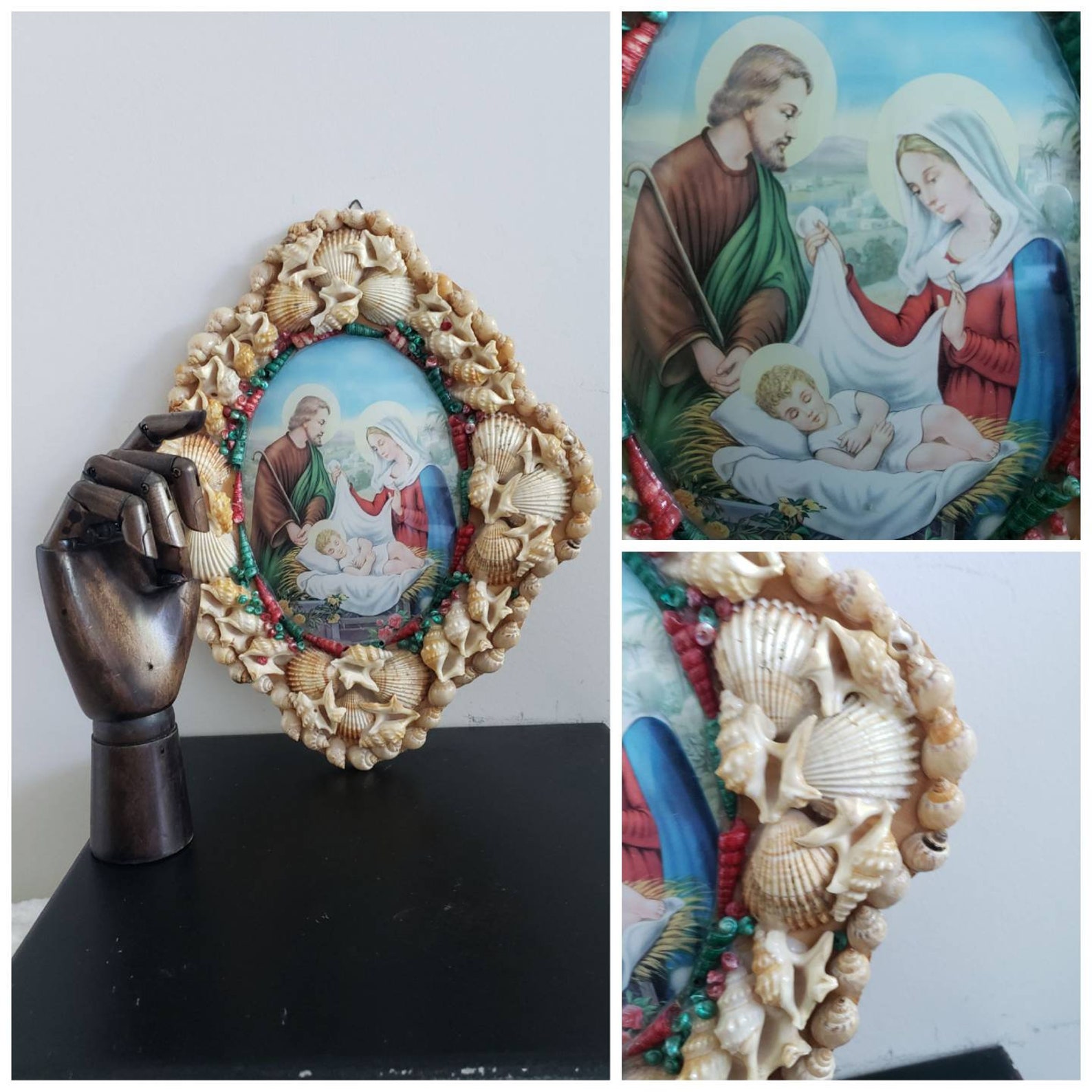 Vintage Handmade Oval Shell Frame Religious Art Virgin Mary and Child ...