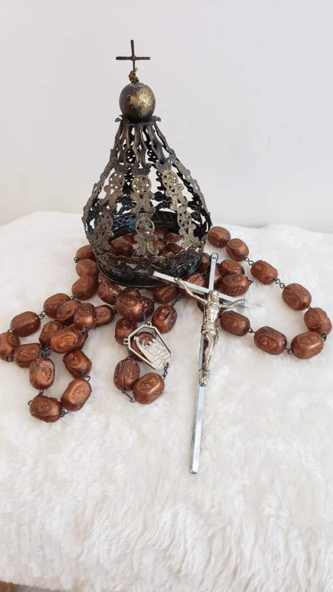 Mid Century Vintage Extra Large Wall Rosary Bronze Plastic Beads W ...
