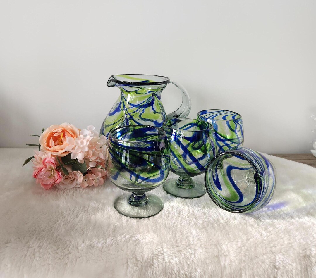 Vintage Hand Blown Art Glass Pitcher Set/blue Green Swirl Glass Pitcher ...