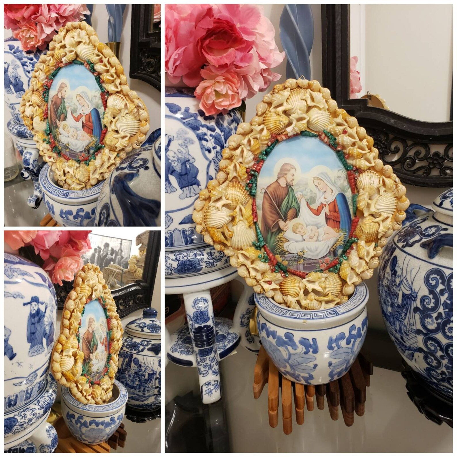 Vintage Handmade Oval Shell Frame Religious Art Virgin Mary and Child ...