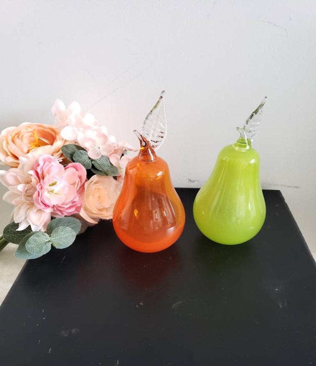 Vintage Glass Pears Orange and Green Set of Two Kitchen Dining Decor ...