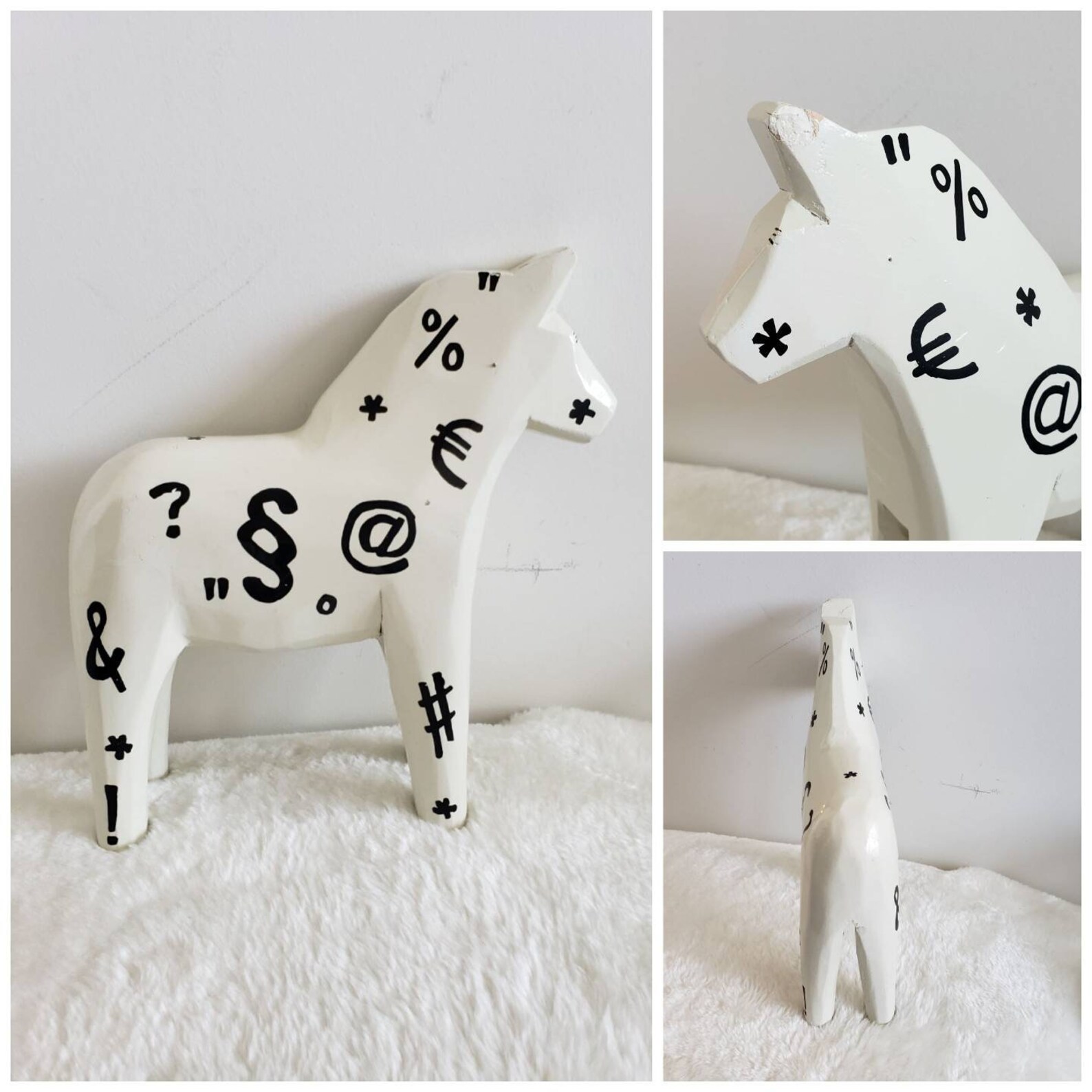 Vintage Ikea Stolle Cream White Wooden Dala Horse With Black Symbols ...
