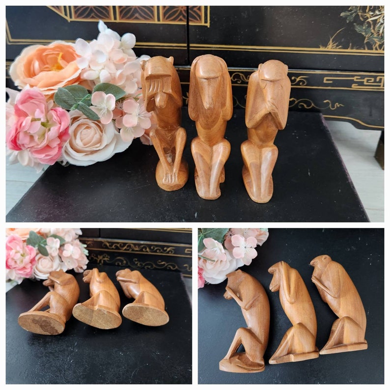Vintage Wood Wise Monkeys Figurines See Speak Hear No Evil/3 Wise ...