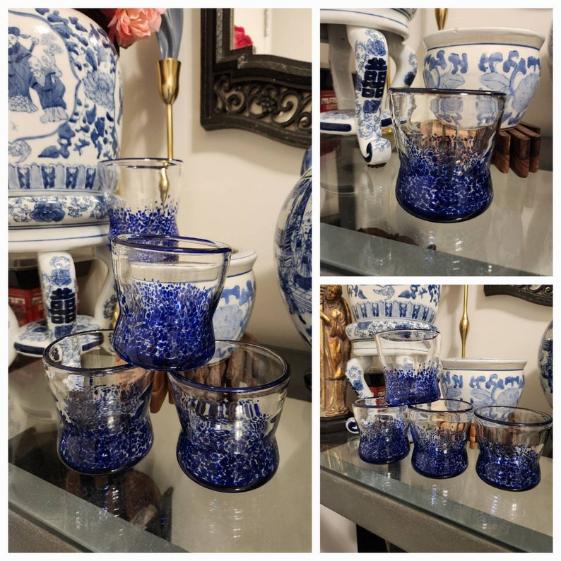 Vintage Art Glass Cobalt Blue Granite Lowball Glasses/ Gin Glasses ...