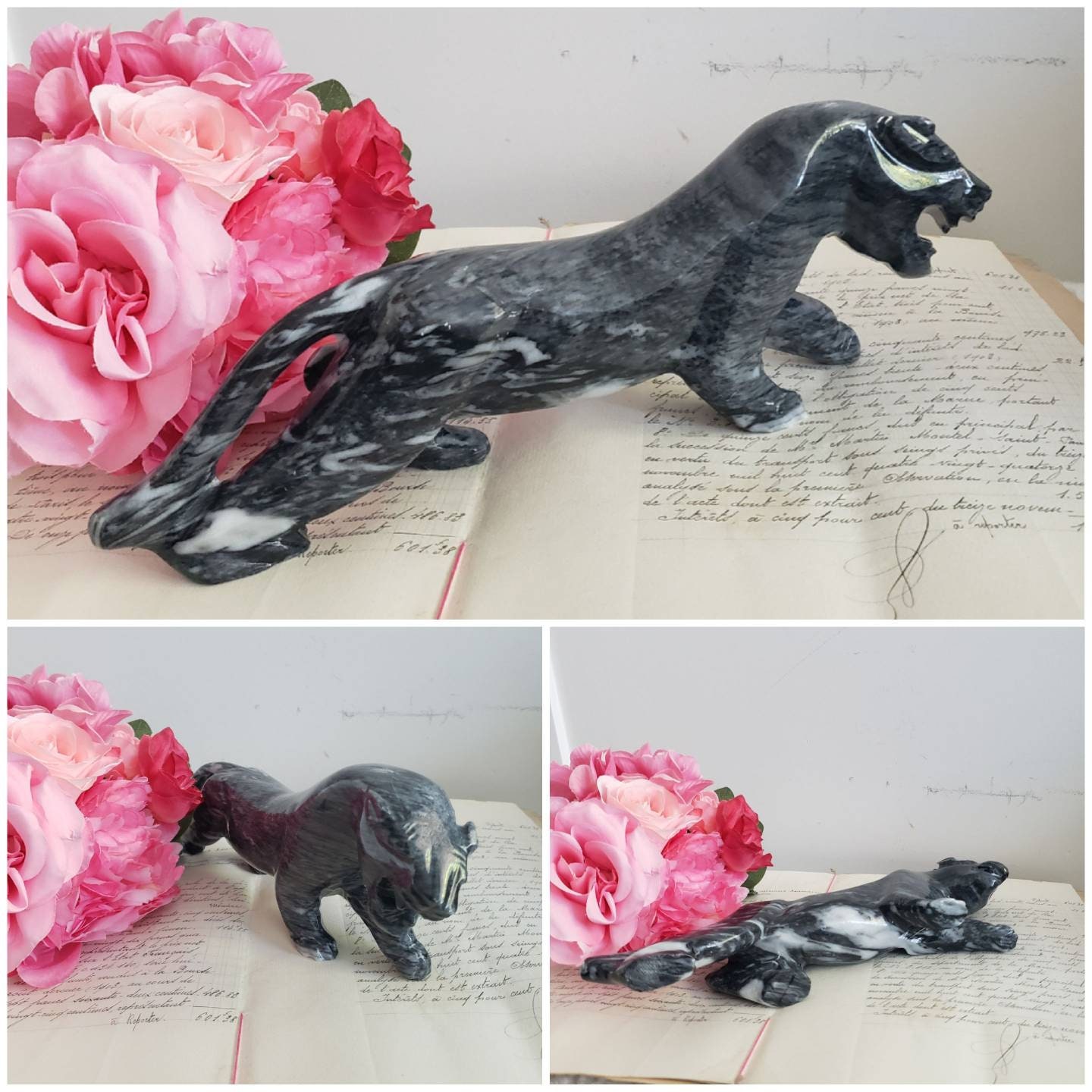 Vintage Carved Black Onyx Marble Puma Panther Jaguar Figurine/ Retro ...