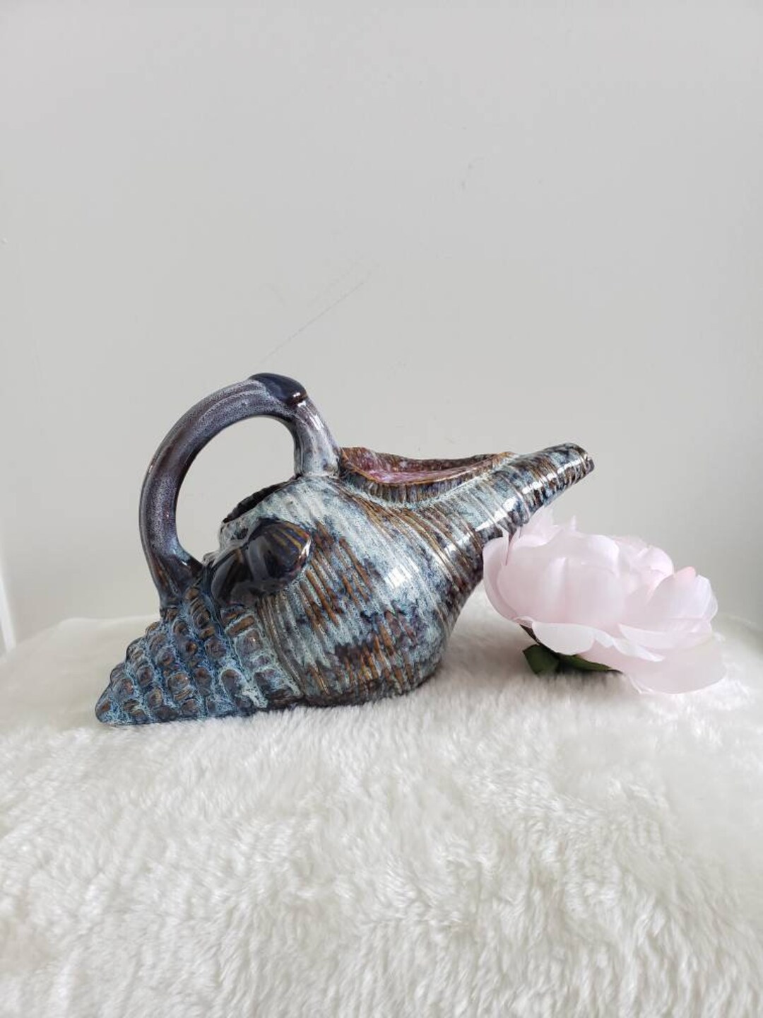 Vintage Majolica Drip Glazed Pottery Mauve Conch Shell Pitcher Retro ...