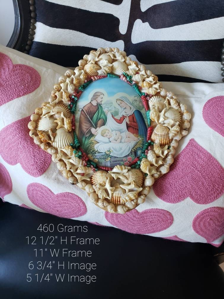 Vintage Handmade Oval Shell Frame Religious Art Virgin Mary and Child ...