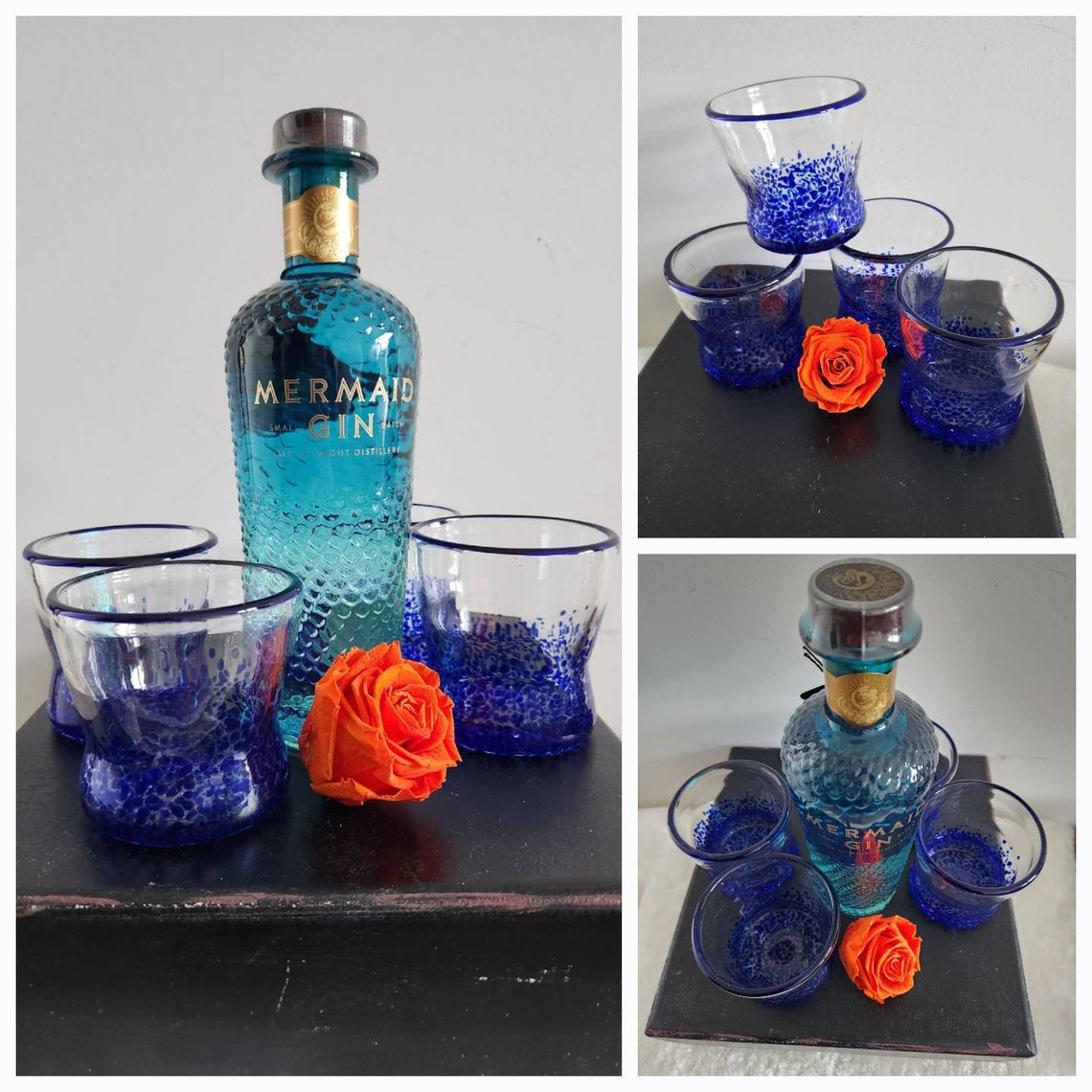 Vintage Art Glass Cobalt Blue Granite Lowball Glasses/ Gin Glasses ...