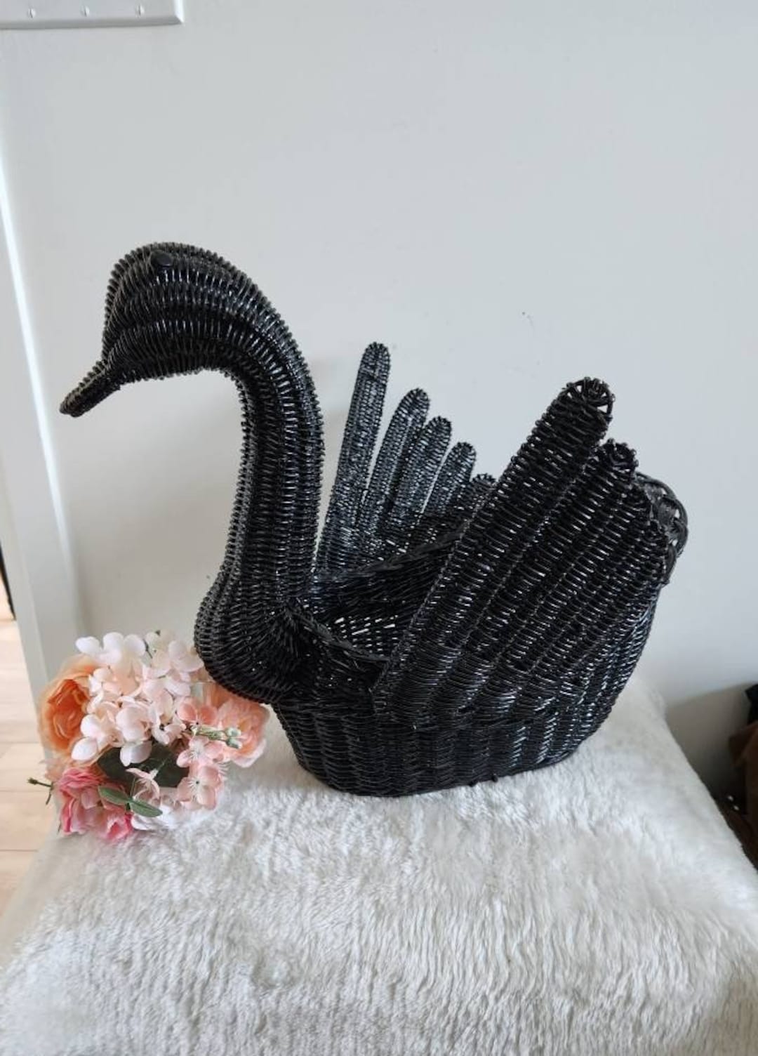 Vintage Black Handwoven Rattan Swan Form Basket/ Mid Century Italian ...