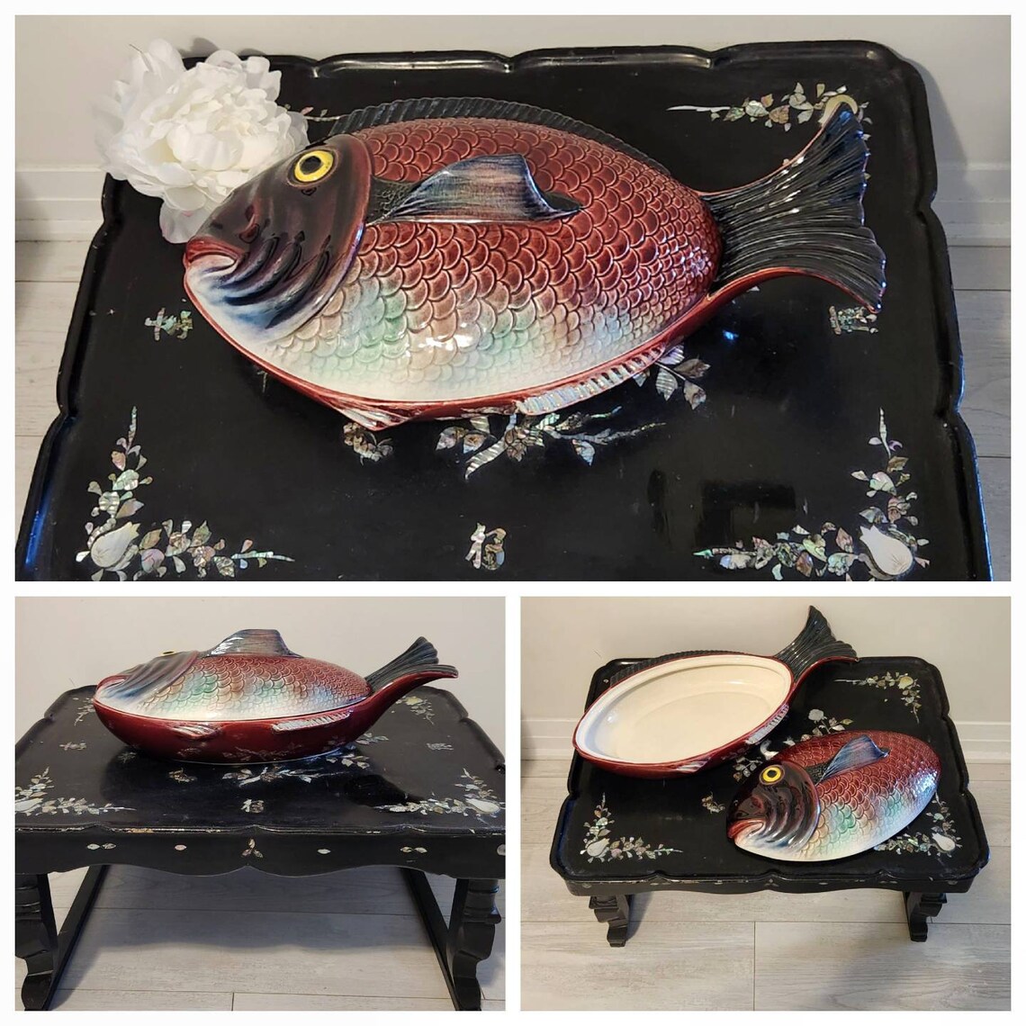 Vintage Ceramic Covered Fish Platter/art Pottery Fish Shaped Platter ...