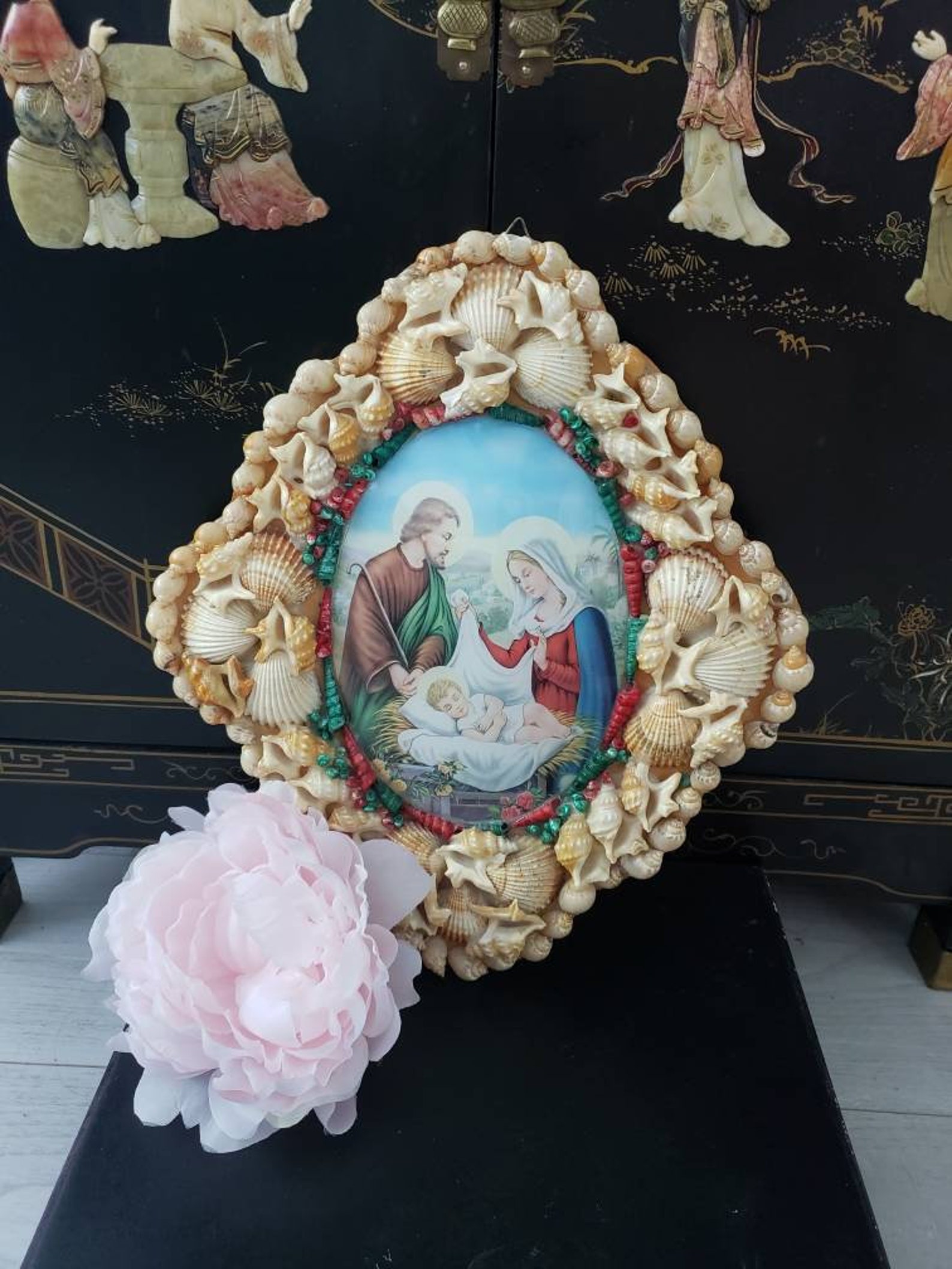 Vintage Handmade Oval Shell Frame Religious Art Virgin Mary and Child ...