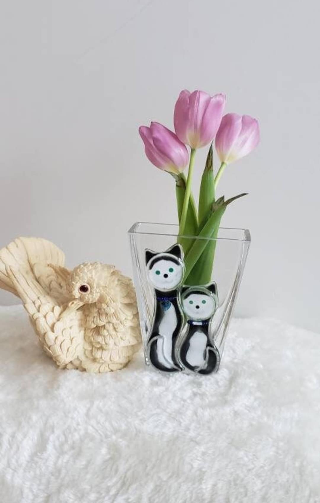 Vintage Clear Heavy Vase With Art Glass Cats Articulated Collar With ...