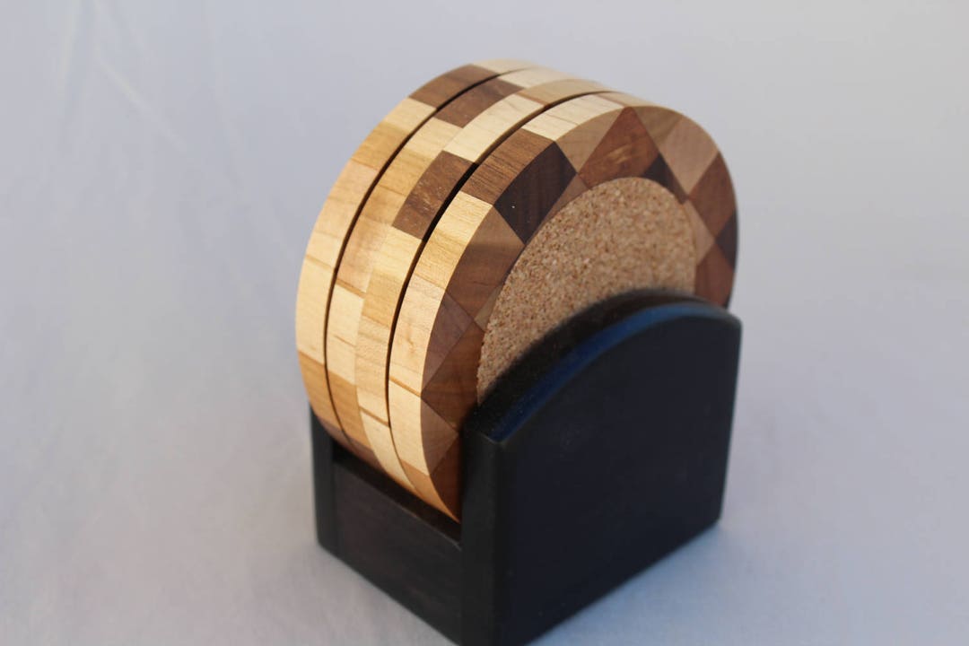 Checkerboard Wood Coaster Set 4 Coasters With Black Base - Etsy
