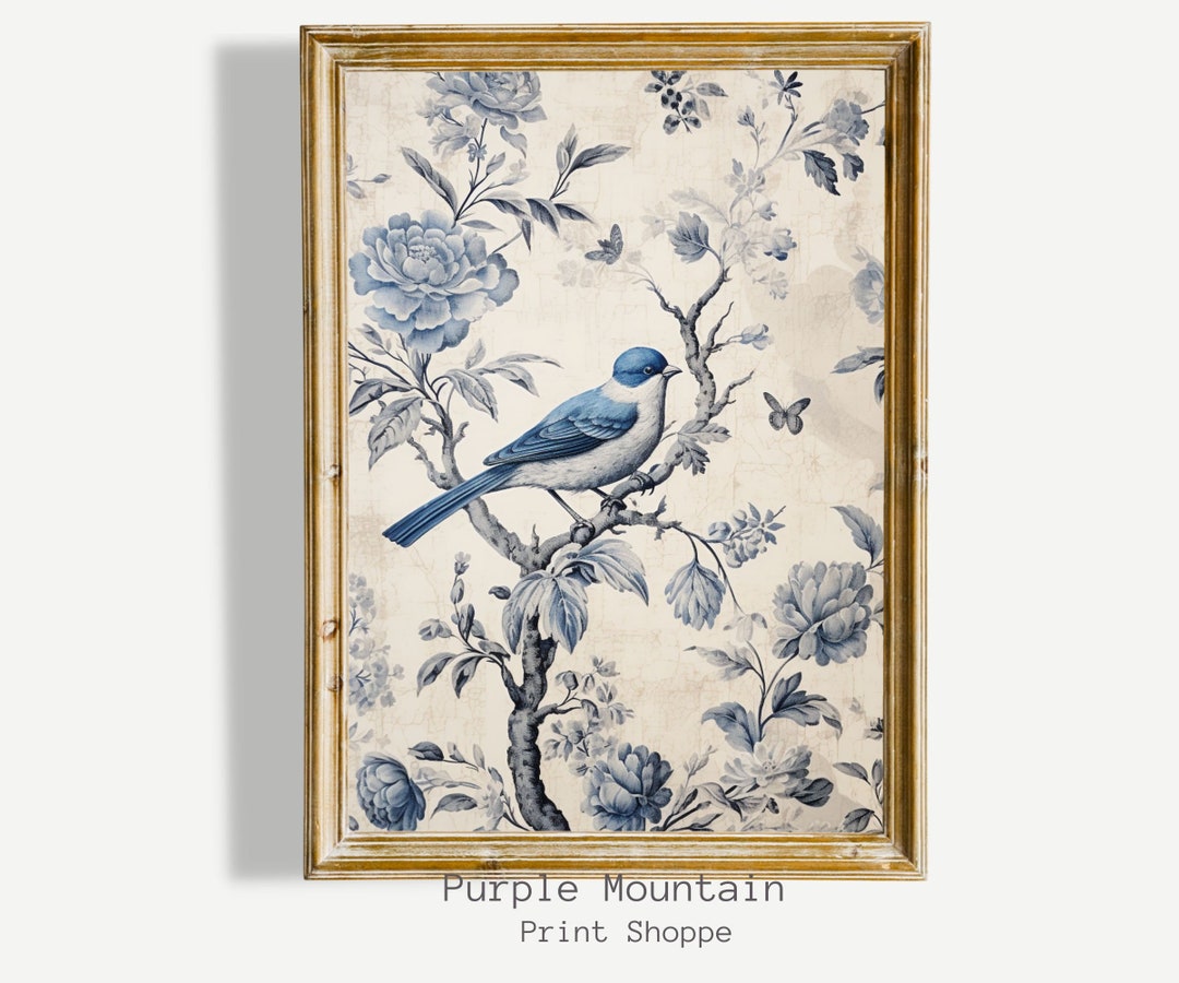 French Blue Wall Art, Drawing, Floral, French Toile, Botanical, Birds ...