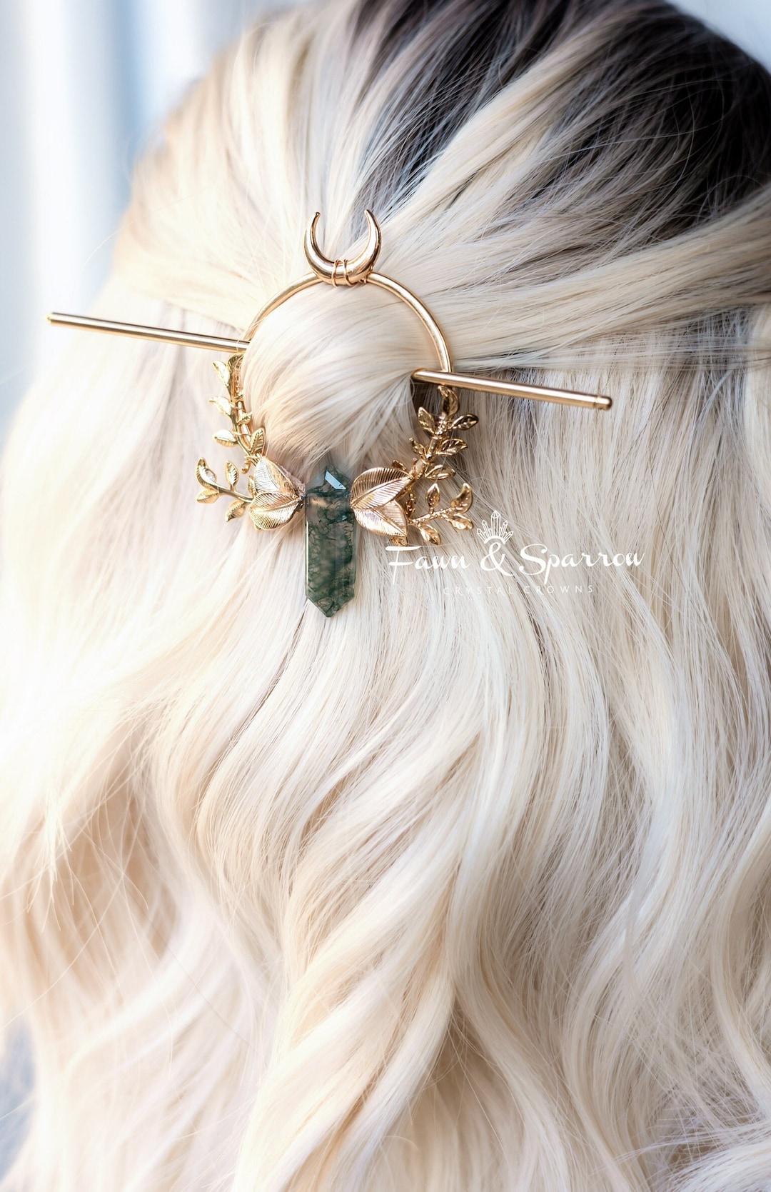 Gold Moss Agate Crystal Hair Stick, Crystal Hair Pin With Circle - Etsy