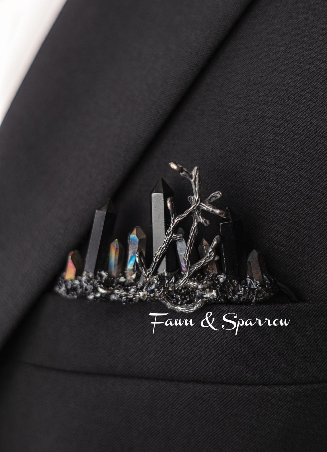 Black Crystal Pocket Boutonniere, Alternative Wedding, Gothic, Black ...