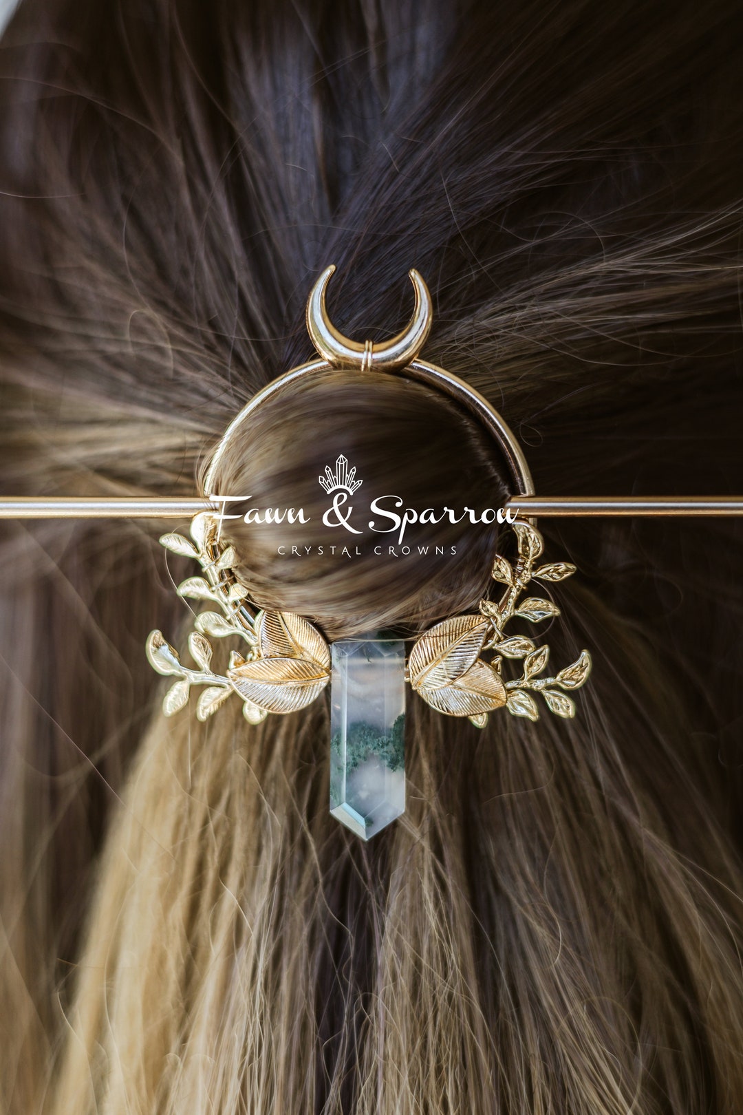 Gold Moss Agate Crystal Hair Stick, Crystal Hair Pin With Circle - Etsy