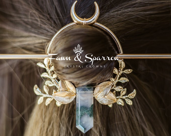 Gold Moss Agate Crystal Hair Stick, Crystal Hair Pin With Circle - Etsy