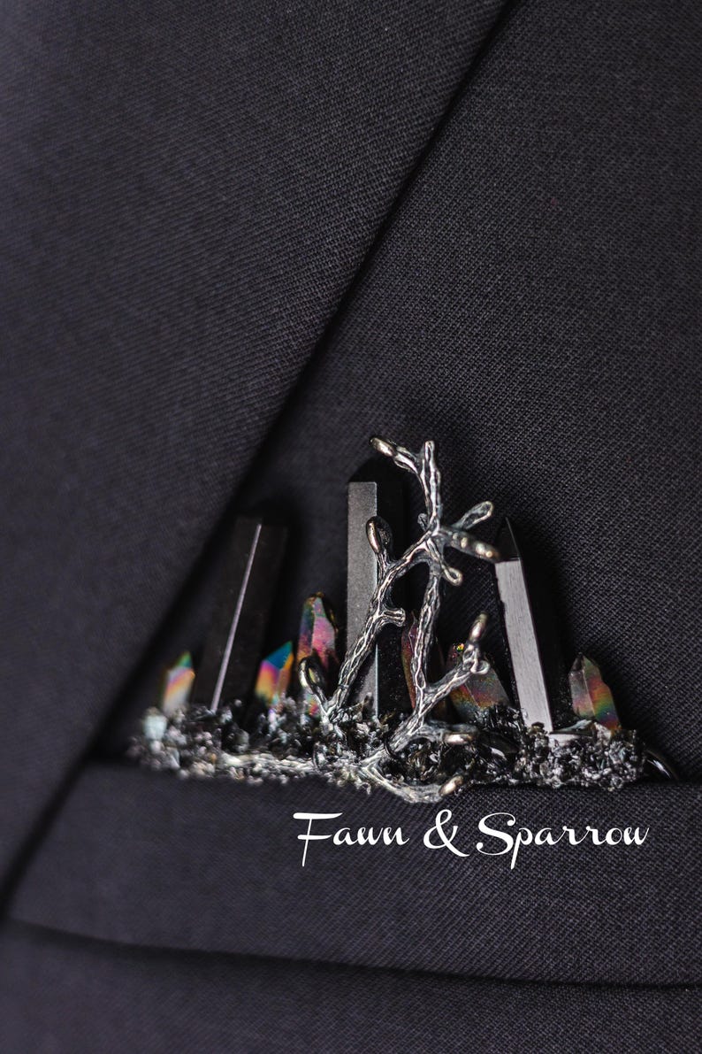 Black Crystal Pocket Boutonniere, Alternative Wedding, Gothic, Black ...